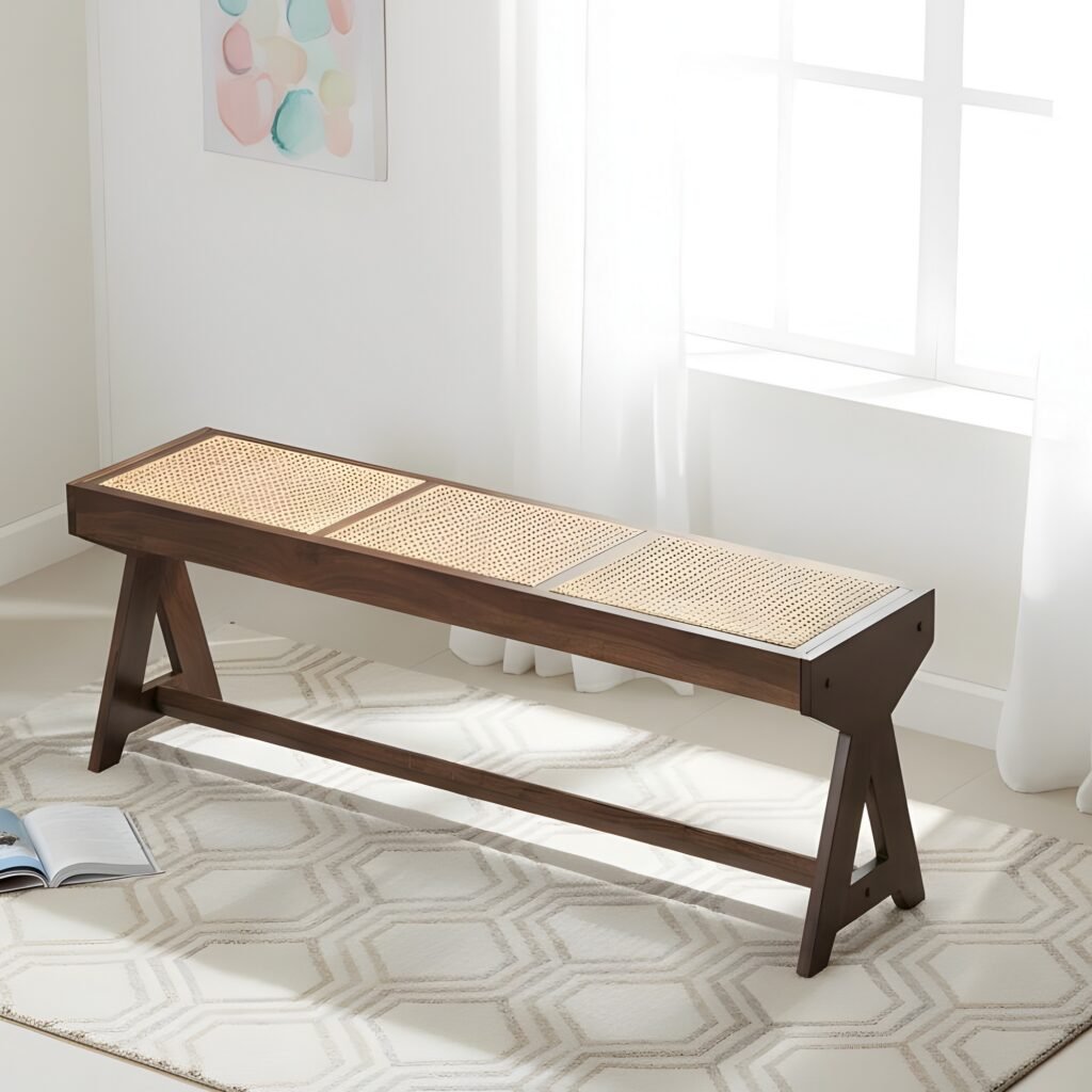 Ikiriya Rockport Sheesham Wood Mid Century 3 Seater Bench with Rattan ...