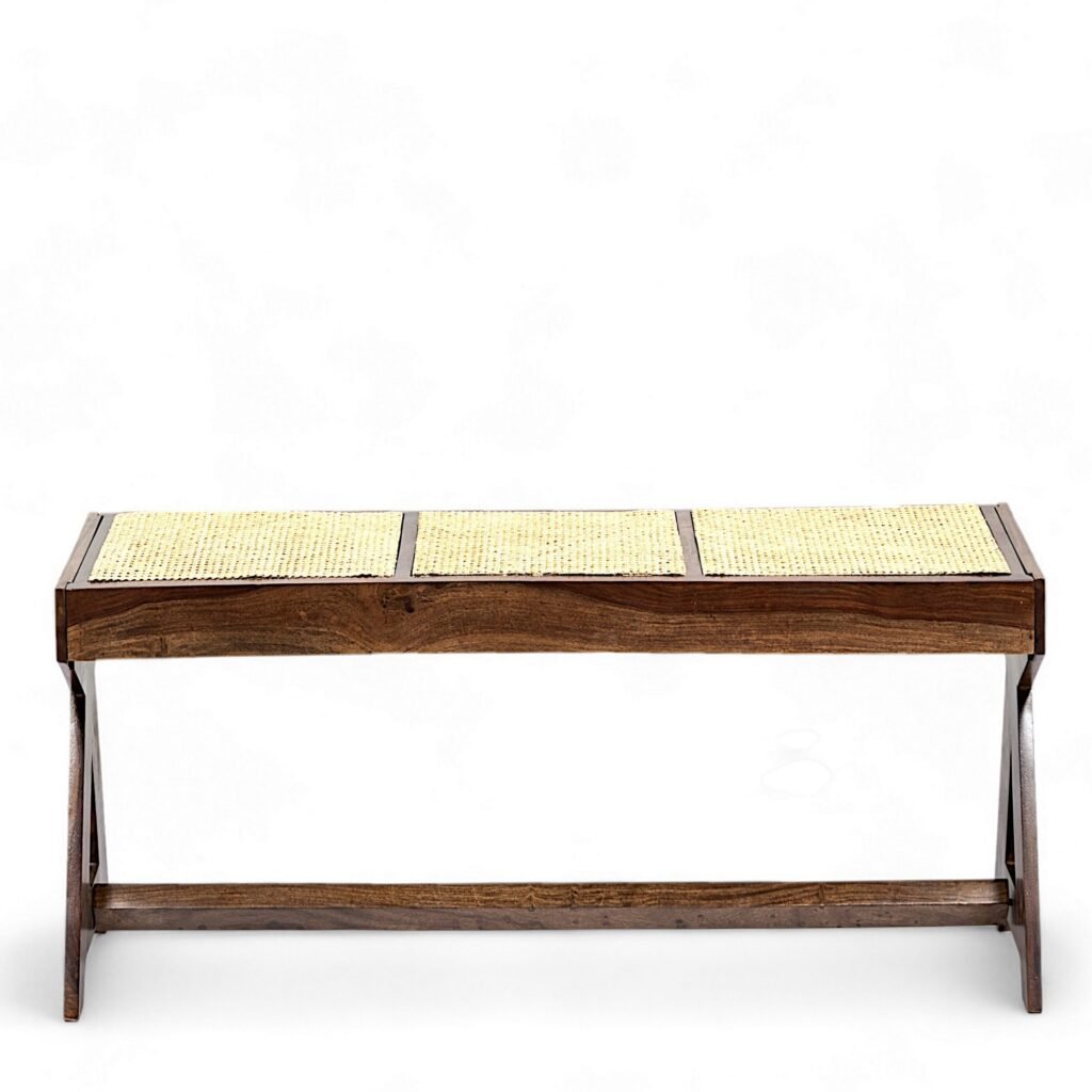 Ikiriya Rockport Sheesham Wood Mid Century 3 Seater Bench with Rattan ...